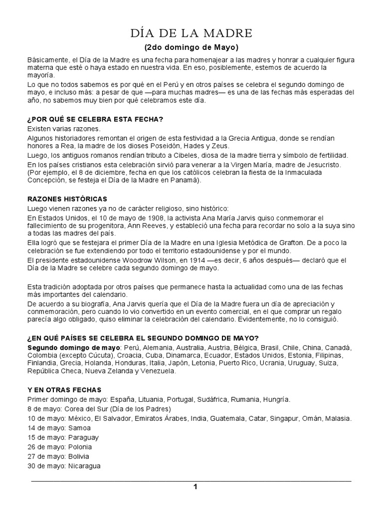 Historia y Celebración del Día de la Madre | PDF
