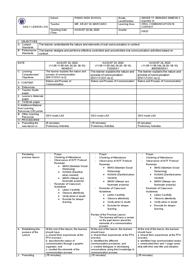 DLL Oral Comm New | PDF | Learning | Teachers