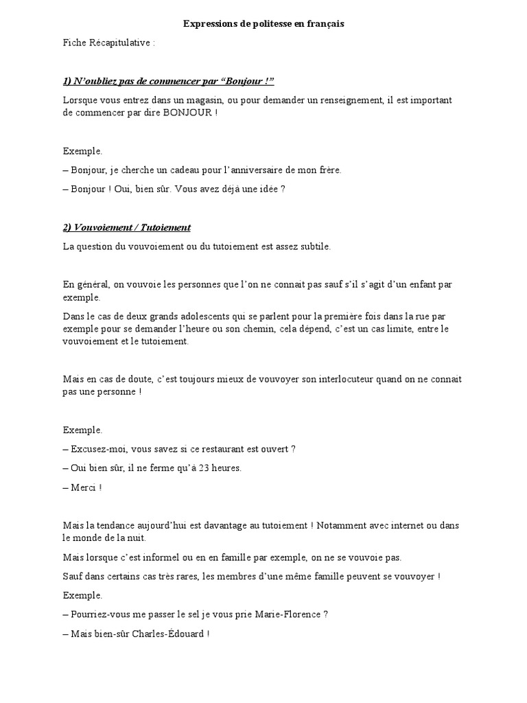 Expressions de Politesse en Français | PDF | Mécanique du langage ...