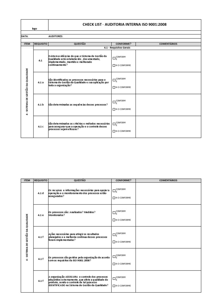 204 Check List de Auditoria Interna | PDF | Qualidade (negócios ... 204 Check List de Auditoria Interna | PDF | Qualidade (negócios ...