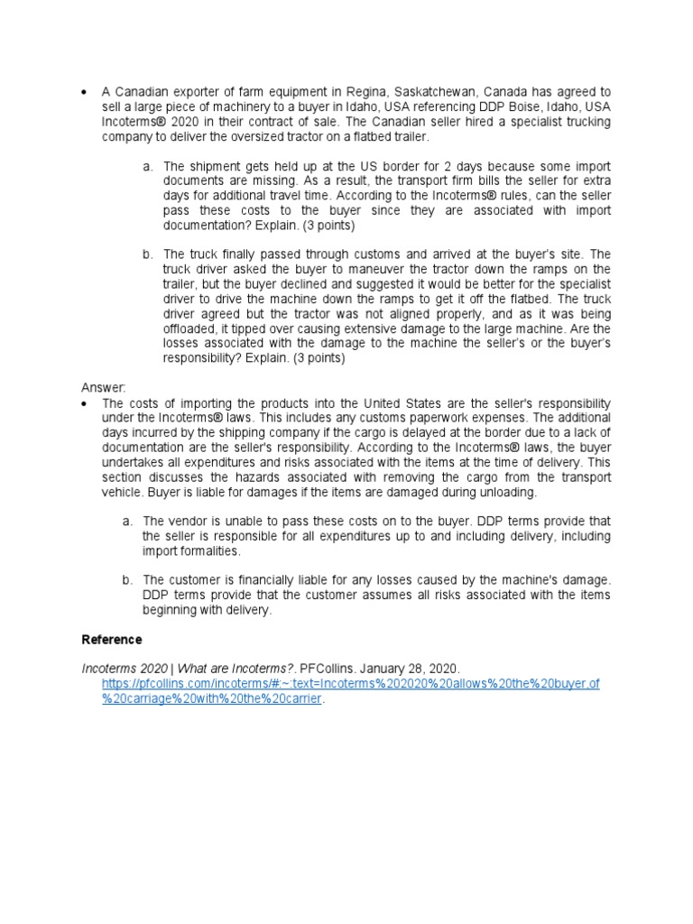 Incoterm Assignment Question 3.b. | PDF | Supply Chain Management | Transport