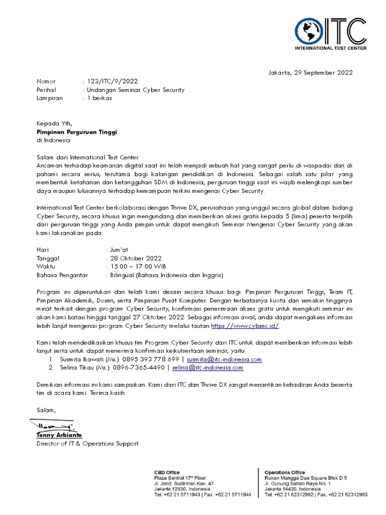 Undangan Cyber Security Seminar Dan Rangkaian Program ITC Dengan ThriveDX (HE) | PDF