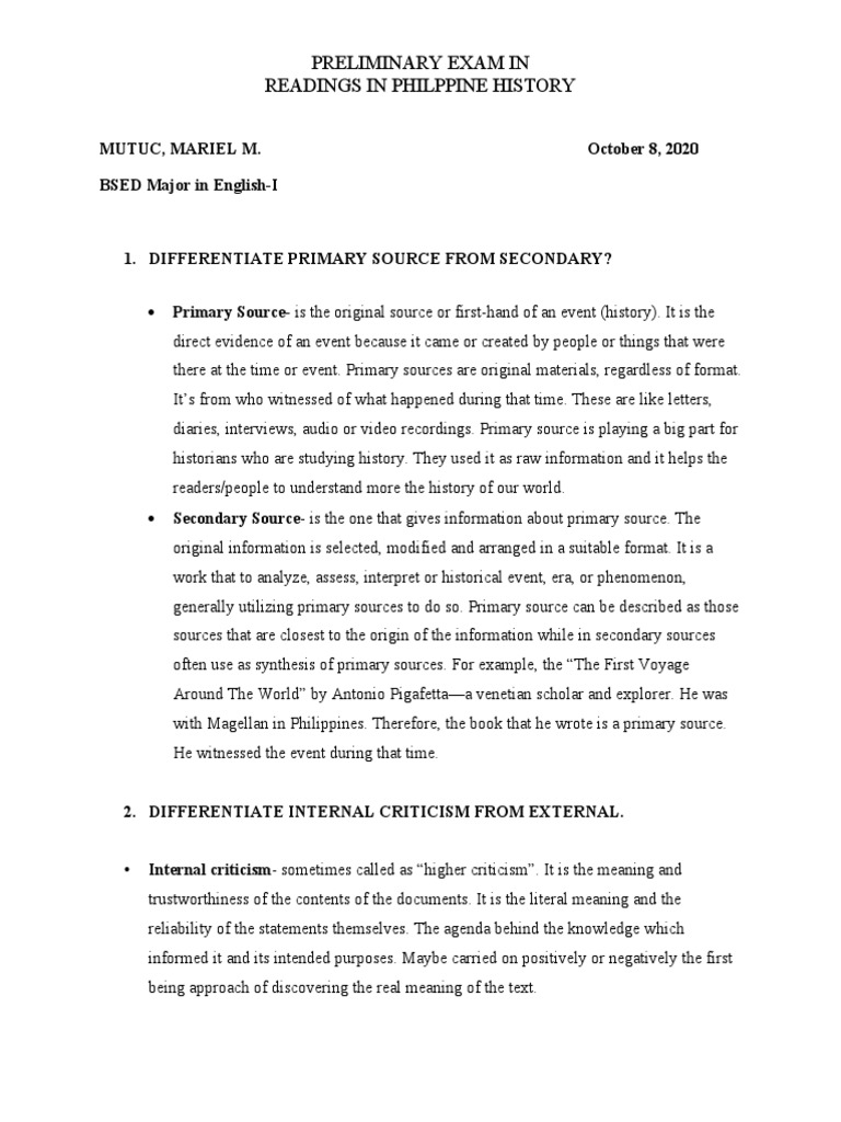 Prelim Exam in RPH | PDF | Primary Sources