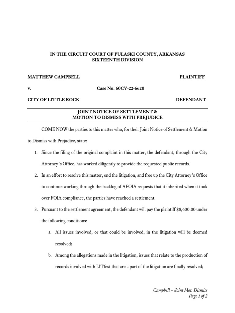 Matt Campbell's Joint Motion To Dismiss | PDF | Lawsuit | Prejudice (Legal Term)