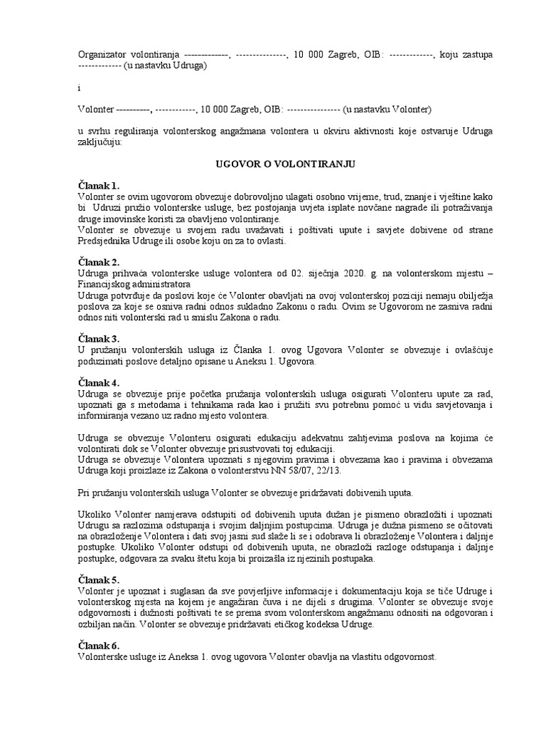 Ugovor o Volontiranju - Primjer | PDF