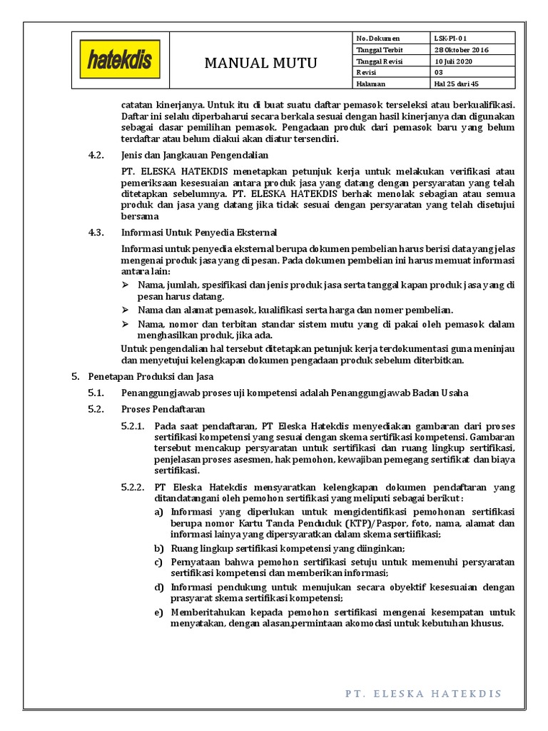 Manual Mutu PT Eleska Hatekdis | PDF