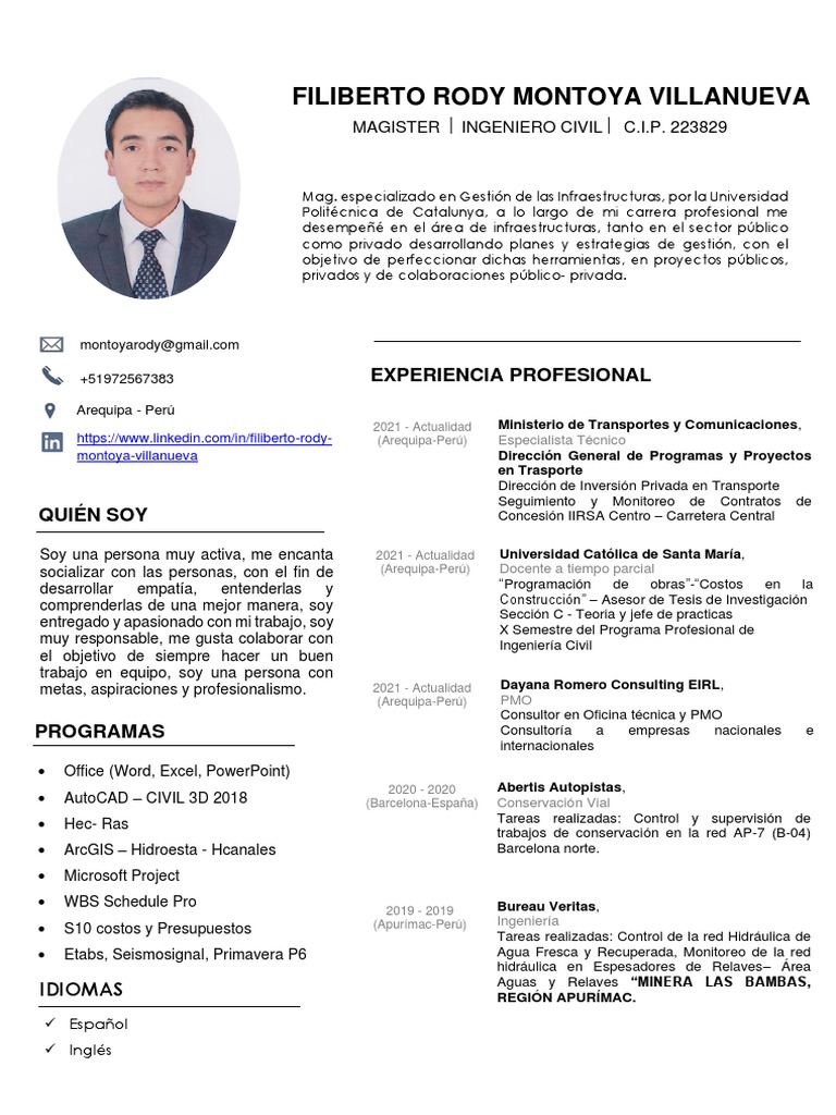 CV - Filiberto Montoya | Descargar gratis PDF | Ingeniero civil | Perú