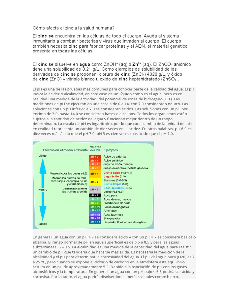 Efectos del Zinc en la Salud Humana | PDF | Ph | Agua