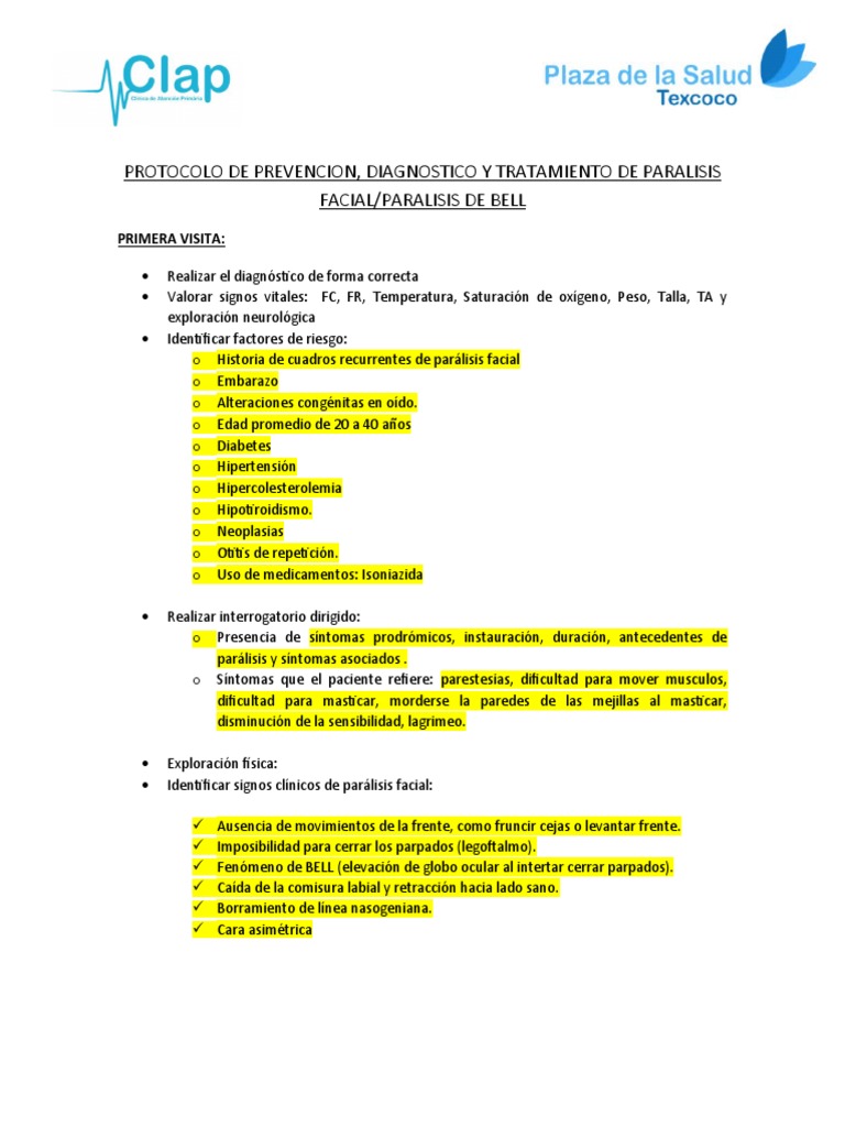 PROTOCOLO DE PREVENCION, DX Y TX DE PARALISIS FACIAL Mod | PDF | Medicina | Medicina CLINICA