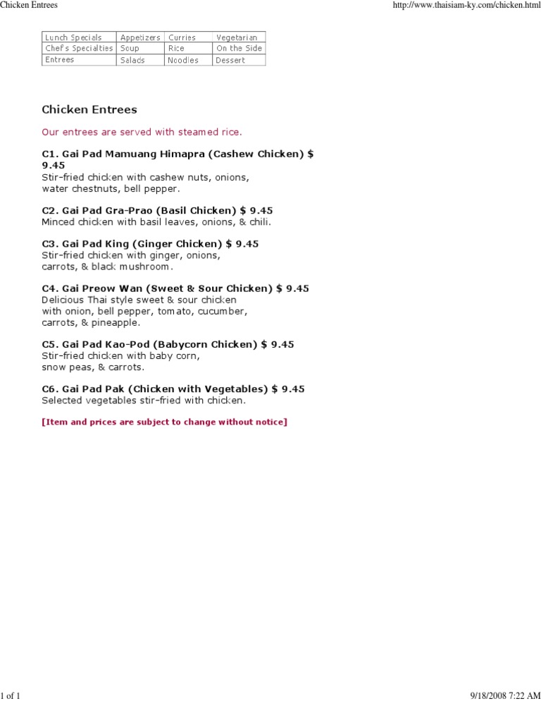 Thai Chicken Entrees Menu Options | PDF