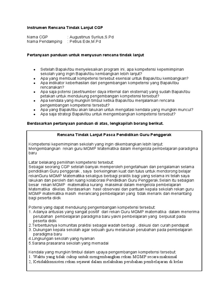 Instrumen Rencana Tindak Lanjut CGP | PDF