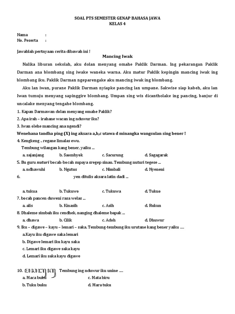 Soal PTS B.Jawa Kls 4 | PDF