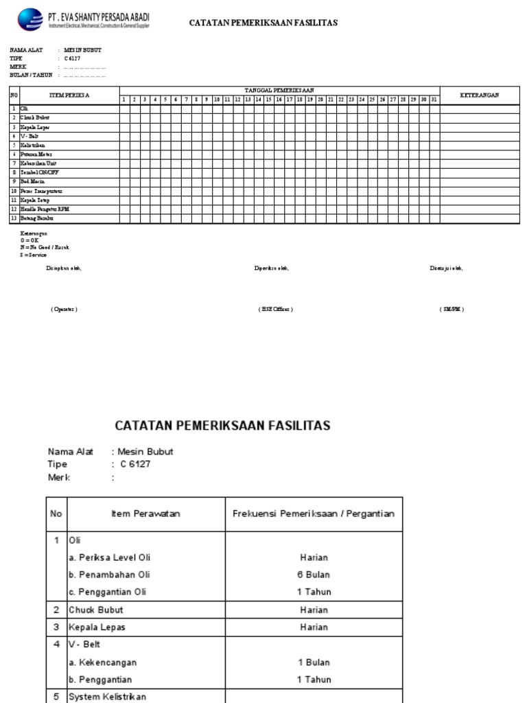 Check List Harian Mesin Bubut C6127 | PDF