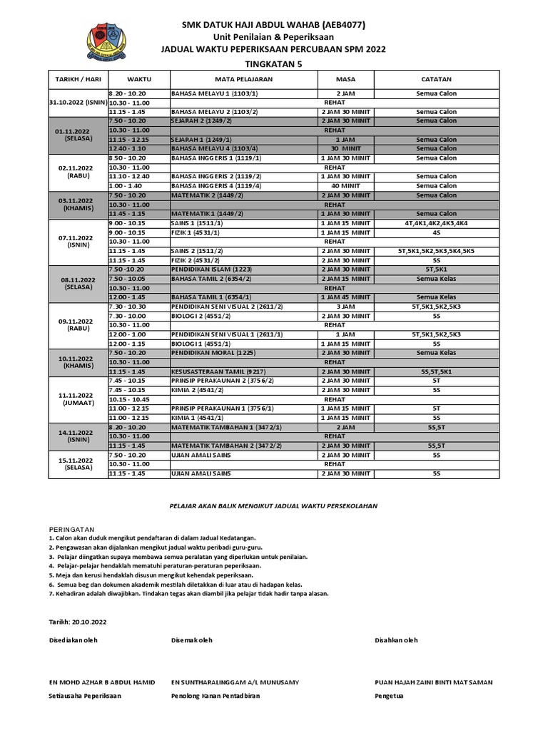 Jadual Waktu Percubaan SPM 2022 | PDF