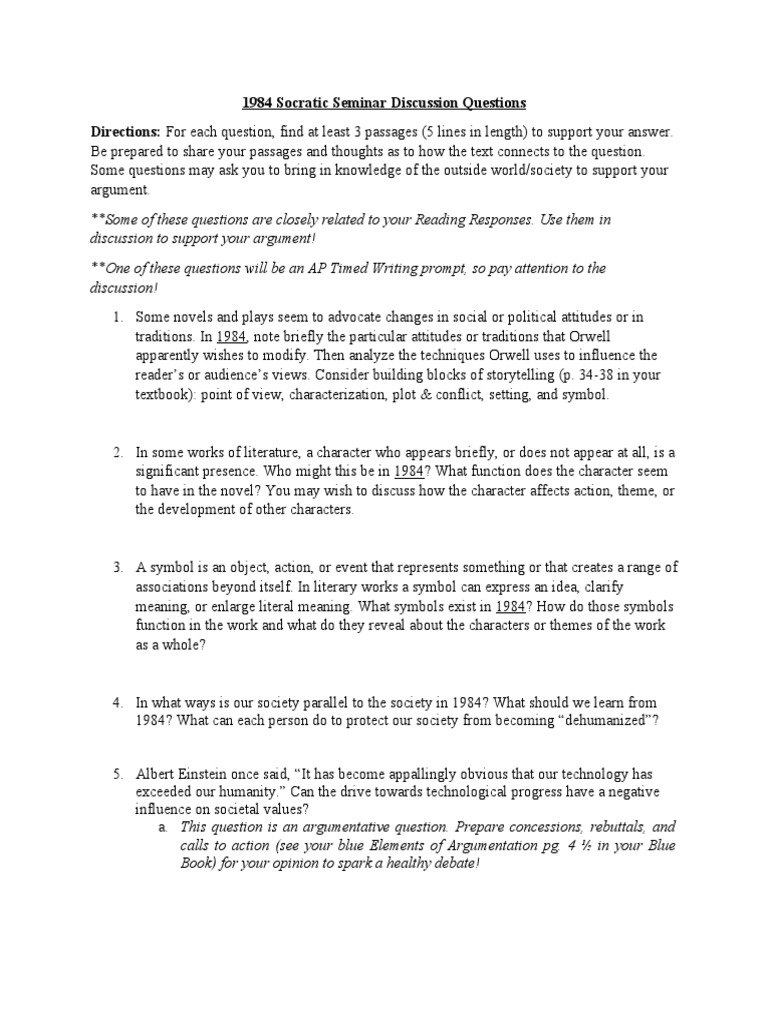 1984 Socratic Seminar Discussion Questions | Download Free PDF | Novels ...