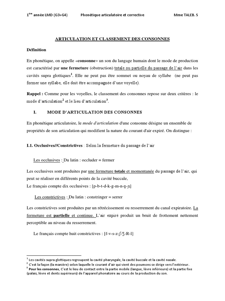 Classification des Consonnes en Phonétique | PDF | Syllabe | Voyelle