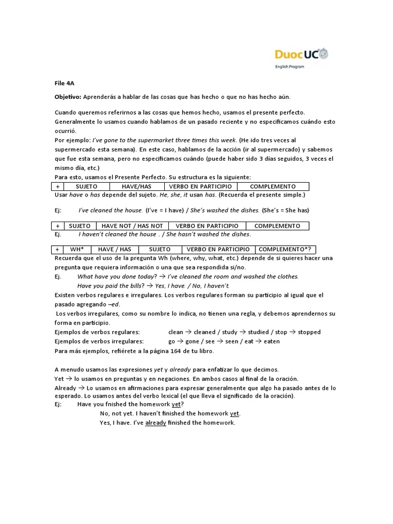 File 4A Present Perfect | PDF | Verbo | Lingüística