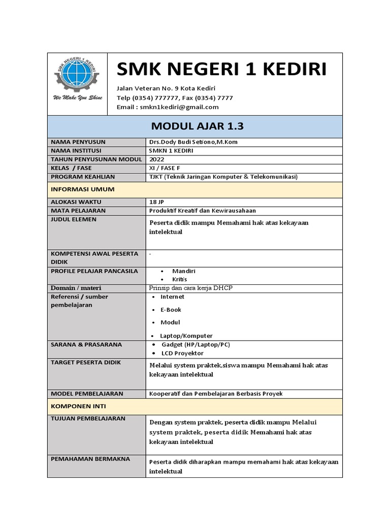 SMK Negeri 1 Kediri: Modul Ajar 1.3 | PDF