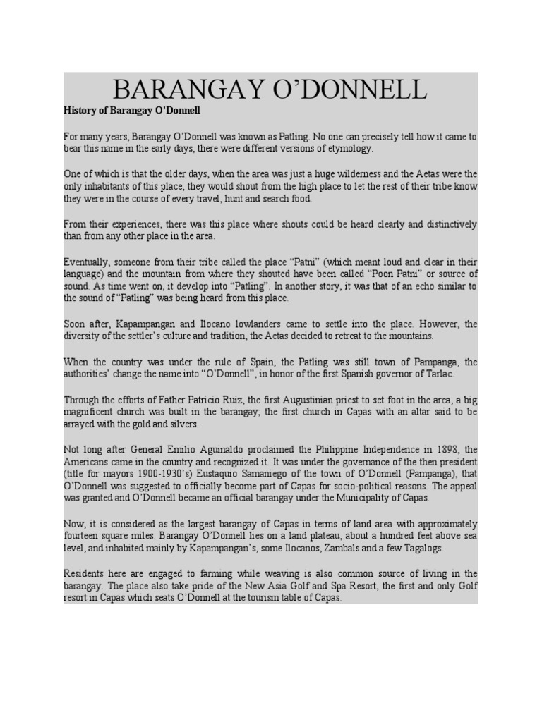 A History of Barangay O'Donnell: From Patling to Its Present Name and ...