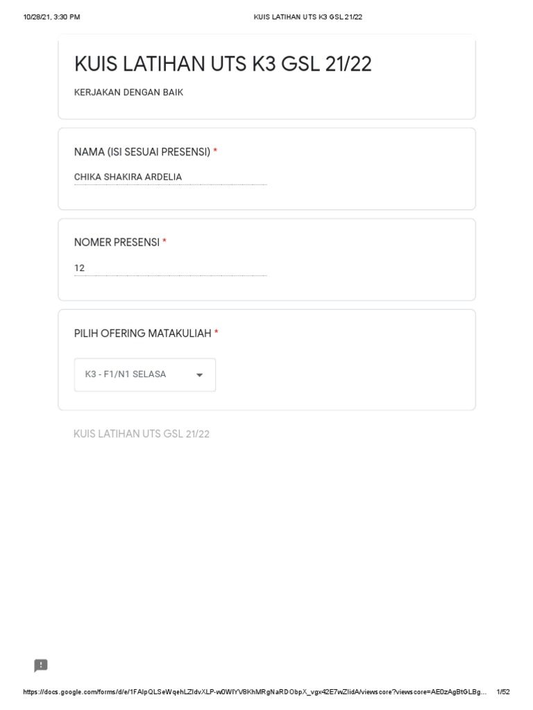Kuis Latihan Uts K3 GSL 21 - 22 | PDF