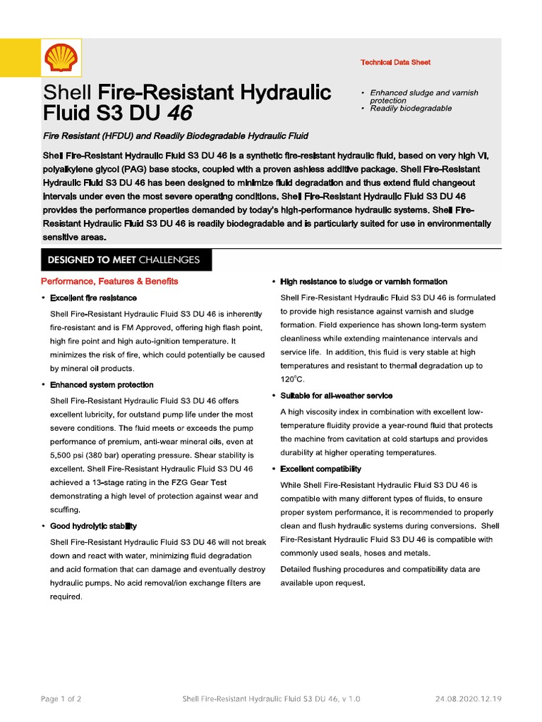 PDS - Shell Fire-Resistant Hydraulic Fluid S3 DU 46 | PDF
