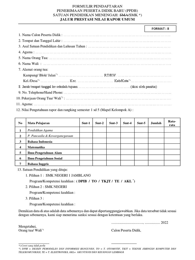 9 Formulir Pendaftaran Jalur Prestasi Akademik-Rapot Umum-2022-OK | PDF 9 Formulir Pendaftaran Jalur Prestasi Akademik-Rapot Umum-2022-OK | PDF