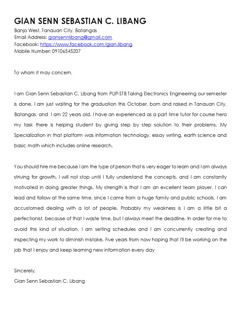 Cover Letter Gian Senn Sebastian C. Libang | PDF | Social Science