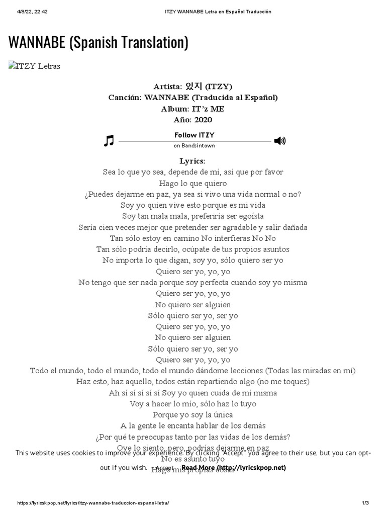 ITZY WANNABE Letra en Español Traducción | PDF | Música grabada | Álbumes