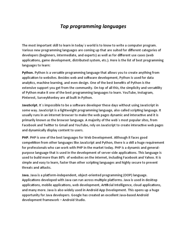 Top Programming Languages | PDF | Cross Platform Software | World Wide Web