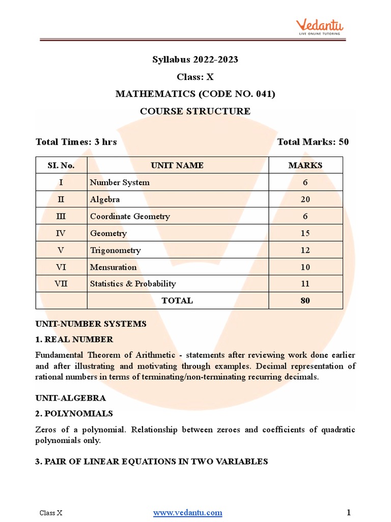 CBSE Syllabus For Class 10 Maths 2022-23 (Revised) PDF Download | PDF ...