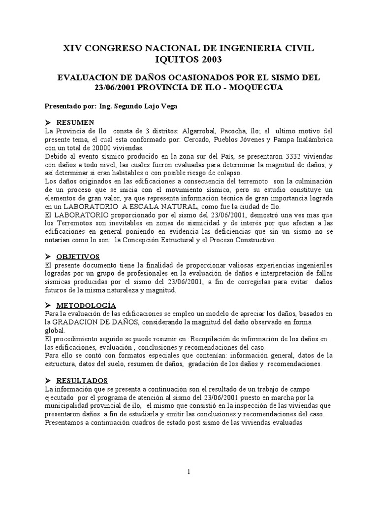 Ponencia 1-Evaluacion de Danos ILO-CONEIC 2003 | PDF | Temblores