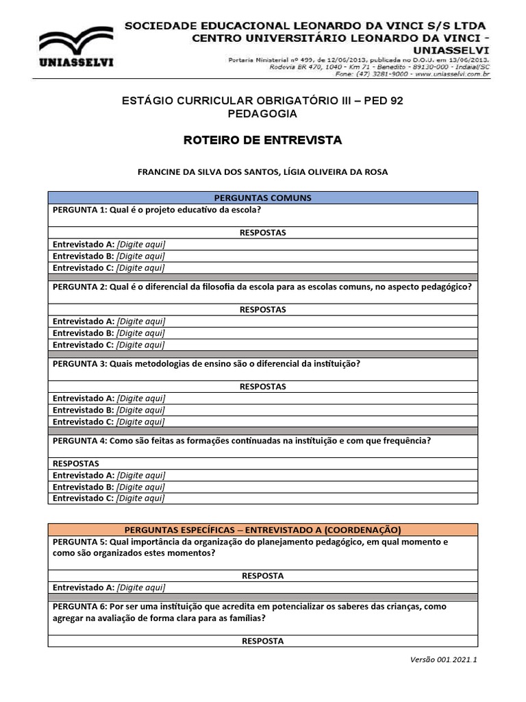 Roteiro de Entrevista | PDF | Pedagogia | Entrevista
