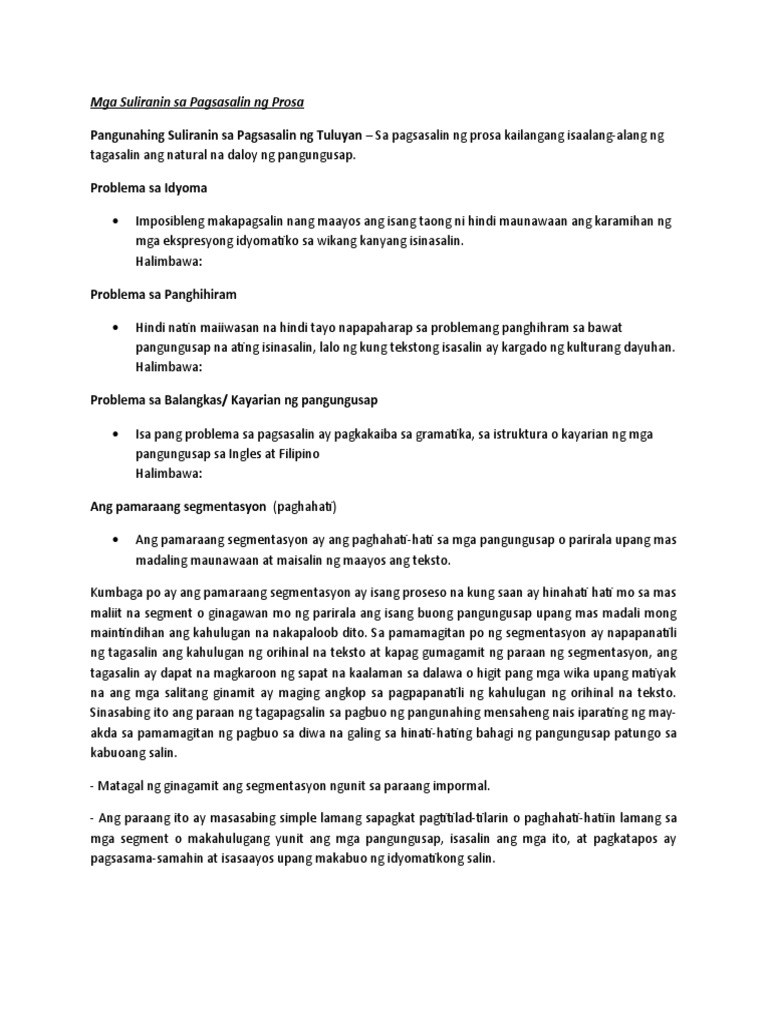 Mga Suliranin Sa Pagsasalin NG Prosa | PDF