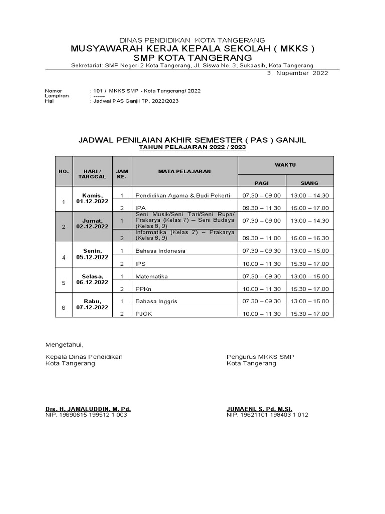 Jadwal Pas Ganjil TP 2022-2023 | PDF