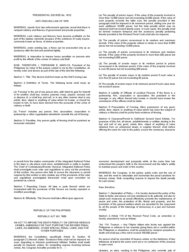 PD 1612 and RA 7659 | Download Free PDF | Theft | Capital Punishment