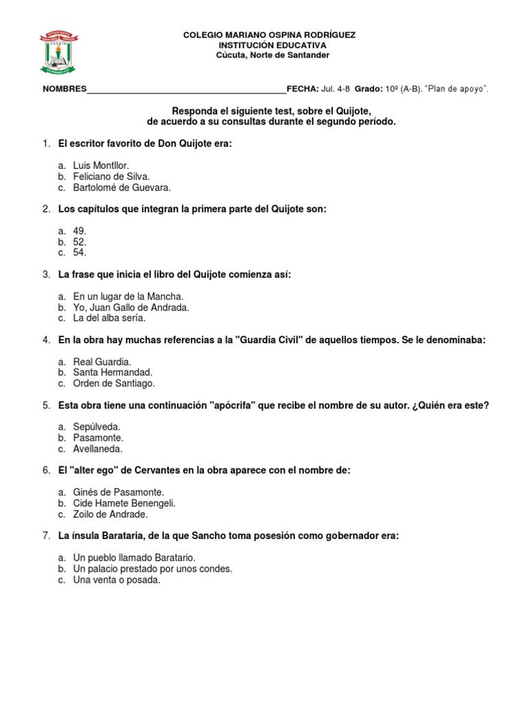 Texto 1... Plan de Apoyo... Test Del Quijote | PDF | Don Quijote | Personas