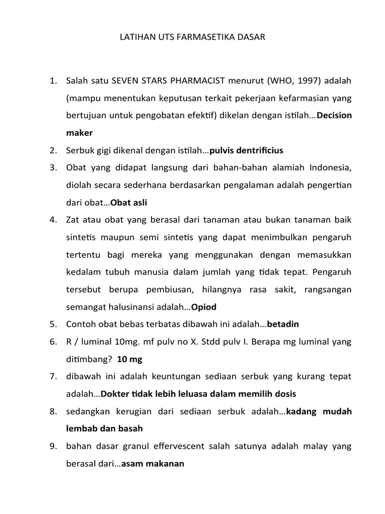 Latihan Uts Farmasetika Dasar | PDF | Kesehatan Holistik | Sains & Matematika