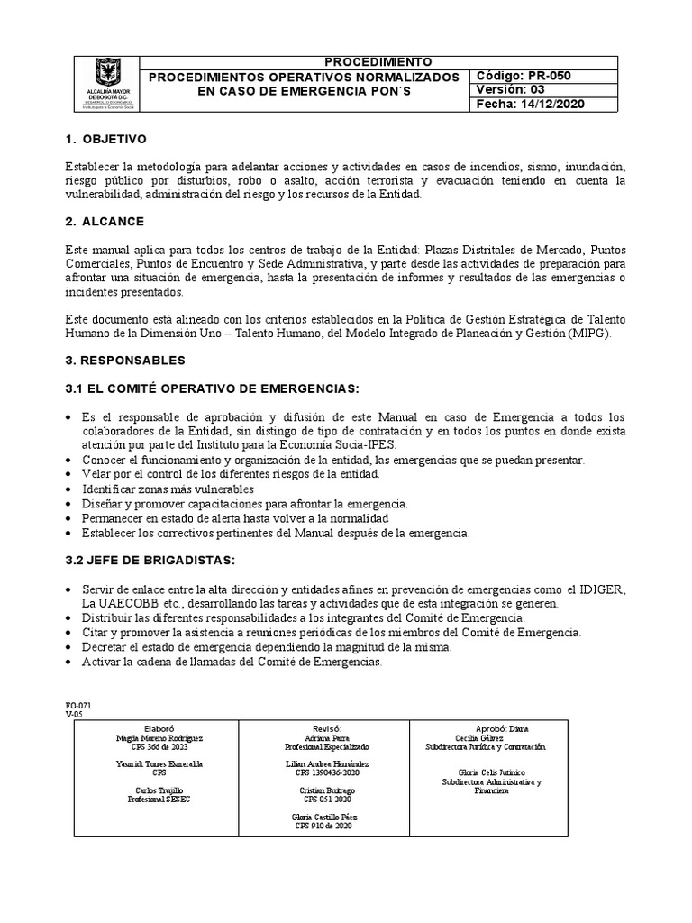 PR-050 Procedimientos Operativos Normalizados en Caso de Emergencia PONS V3 | PDF | Emergencia ...