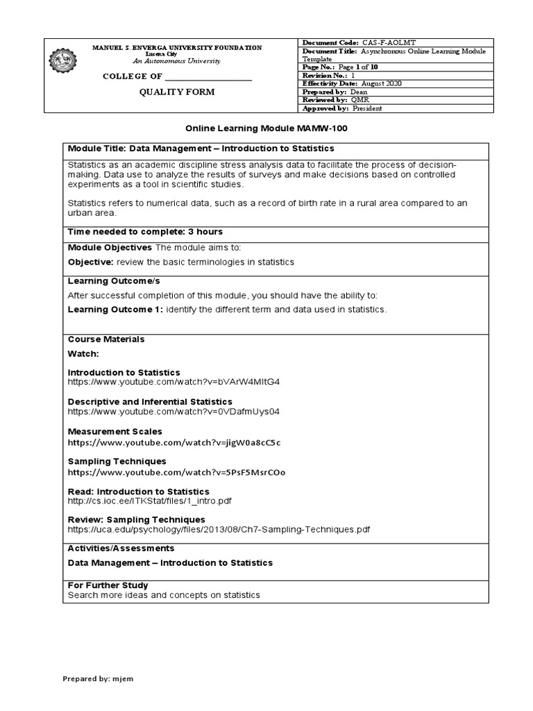 Mamw100 Asynchronous Module Semi Final Pdf Sampling Statistics Statistics