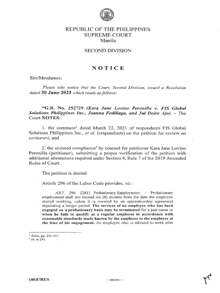 Republic of The Philippines Supreme Court: Notice | PDF | Employment ...