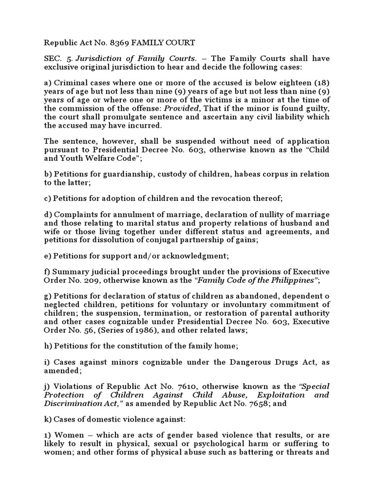 Jurisdiction of Family Court Ra 8369 | PDF | Domestic Violence | Violence