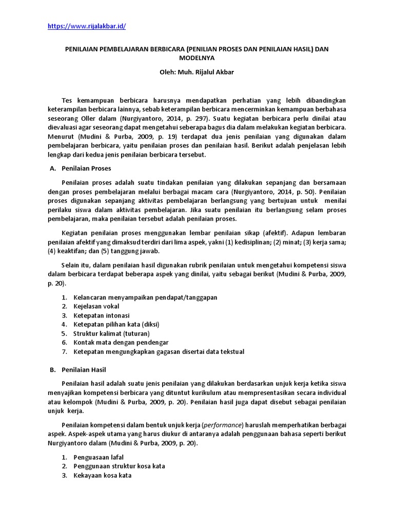 Penilaian Pembelajaran Berbicara (Penilian Proses Dan Penilaian Hasil ...