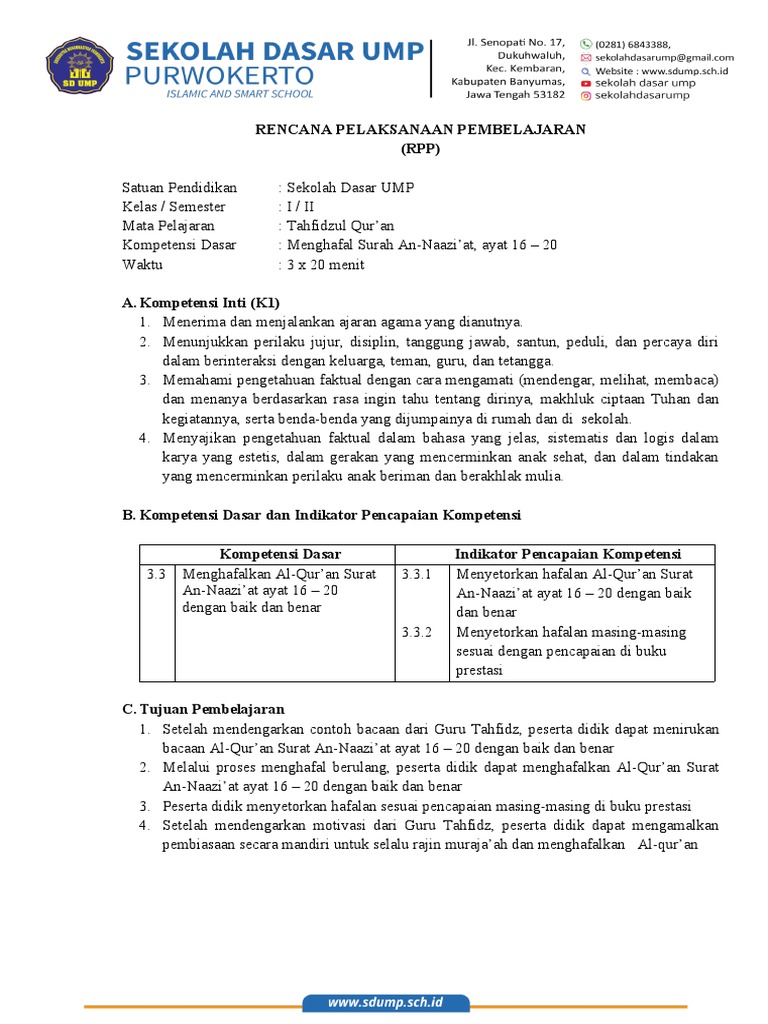 RPP Tahfidz Kelas (7-2-2022) | PDF | Karier & Perkembangan