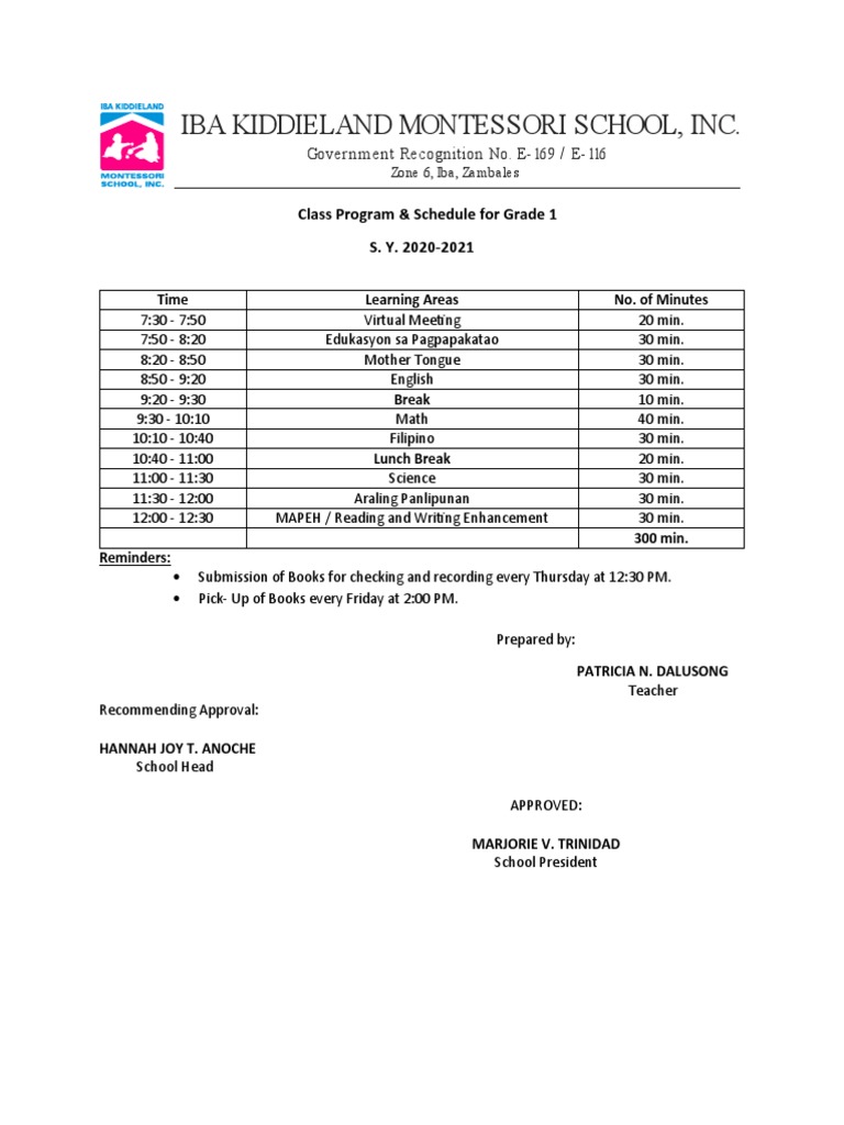 Class Program and Schedule SY 2020 - 2021 | PDF