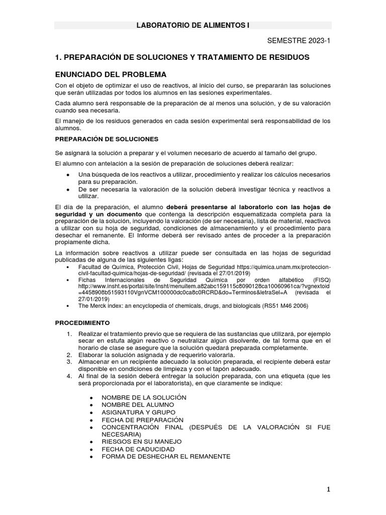 Preparacion de Soluciones | PDF | Residuos | Laboratorios