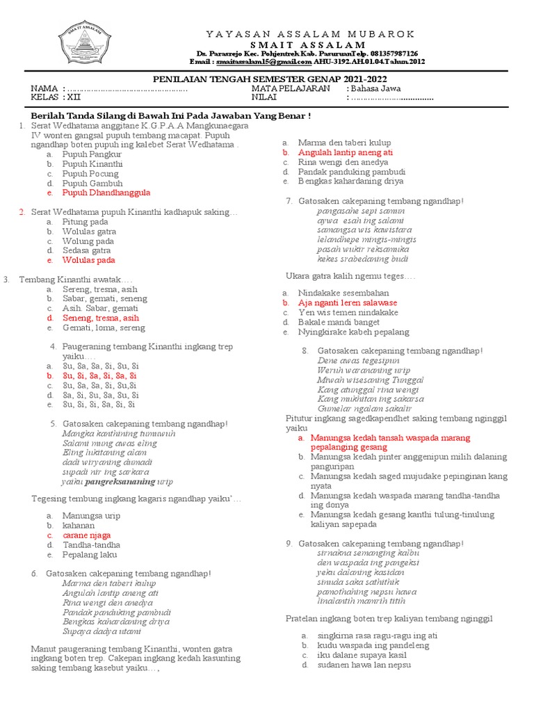 Soal PTS Jawa Kelas Xii | PDF | Seni & Disiplin Bahasa