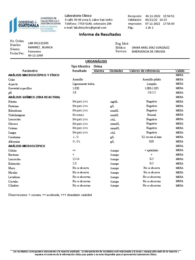 Informe de Resultados: Uroanálisis | PDF | Medicina CLINICA ...