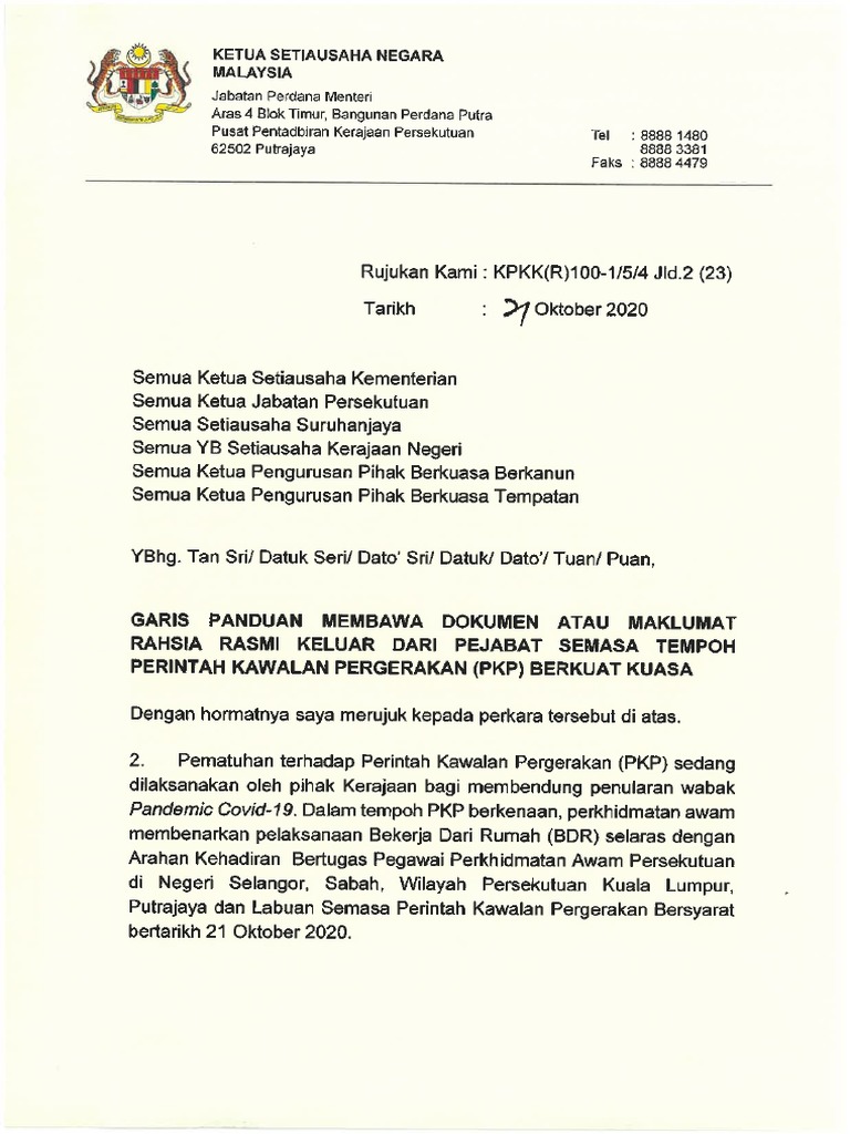 Surat Garis Panduan Membawa Keluar Dokumen Atau Maklumat Rahsia Rasmi ...