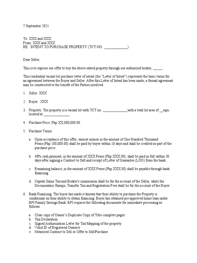 LOI - Letter of Intent To Purchase Property | PDF | Banks | Law And ...
