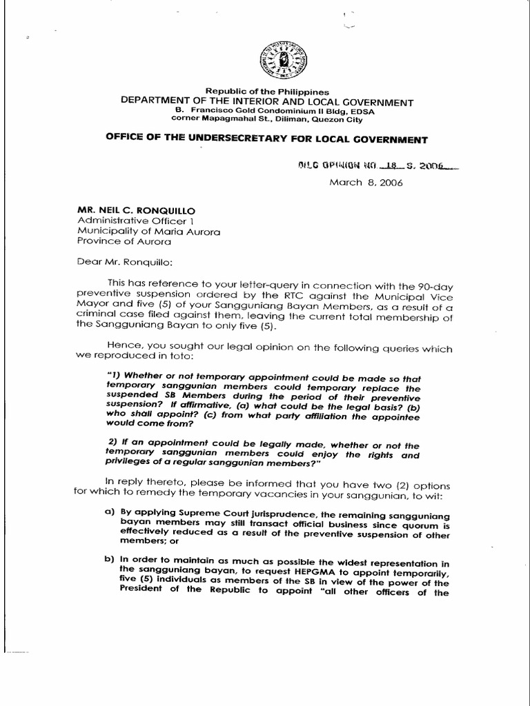 Annex F - DILG Opinion No 18 s2006 | PDF
